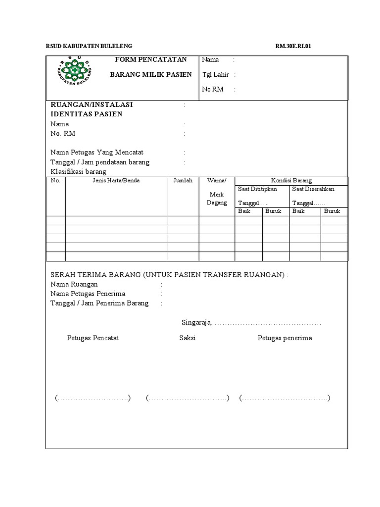 Form Serah Terima Barang Pasien | PDF