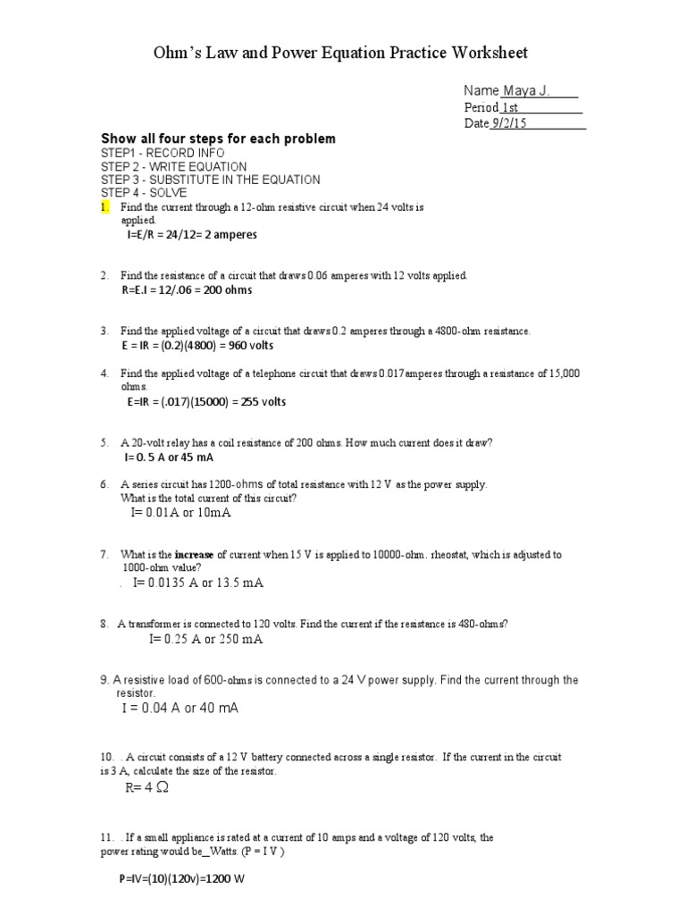 3.1.5b Ohms Law Worksheet | PDF | Volt | Electrical Network
