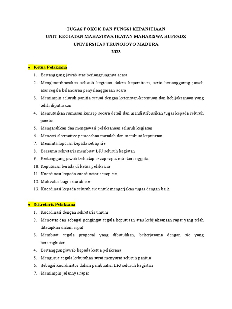 TUGAS POKOK DAN FUNGSI kepanitiaan | PDF
