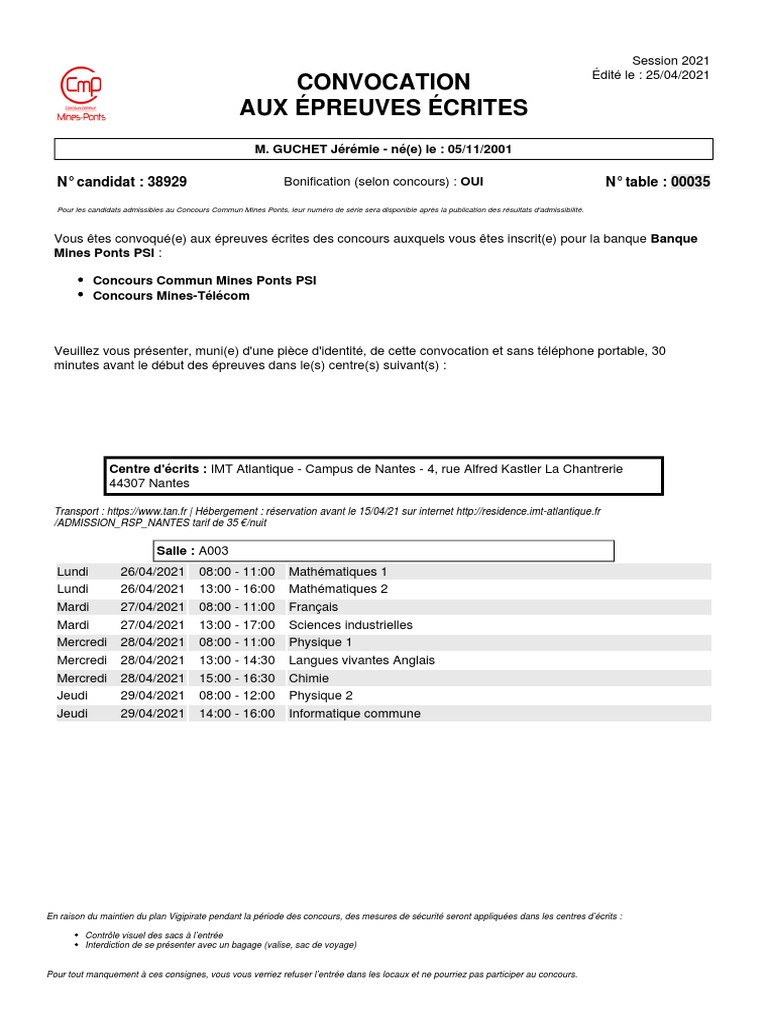Convocation Concours Mines-Ponts 2021 | PDF