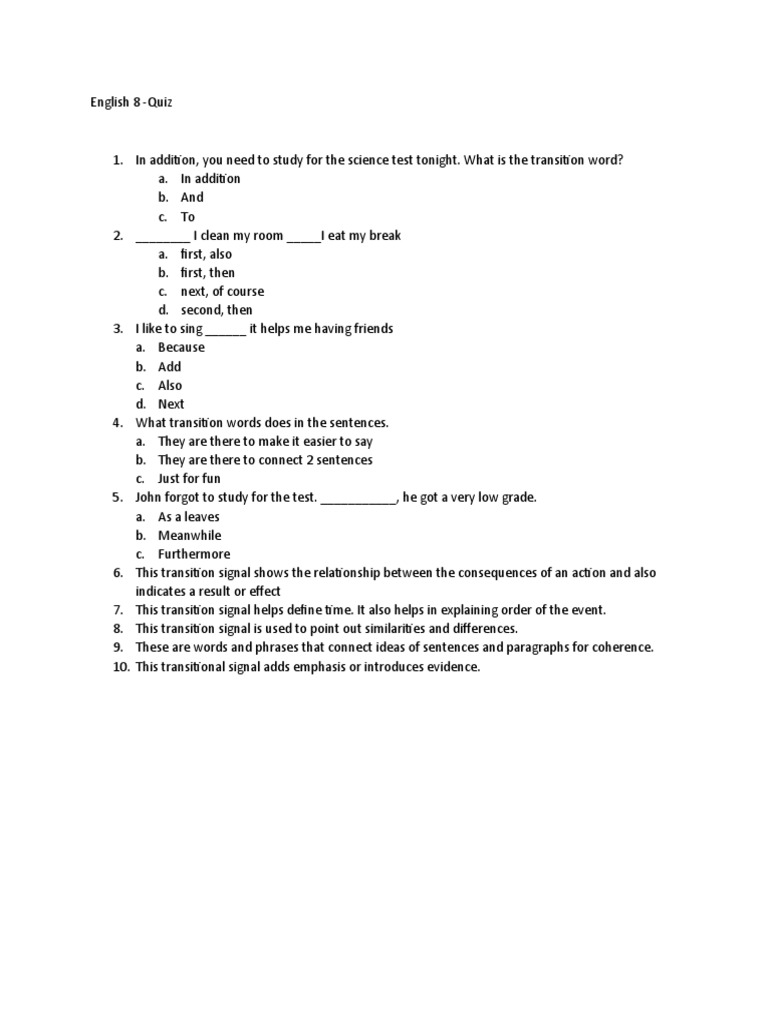 English 8 Quiz Signal Words | PDF