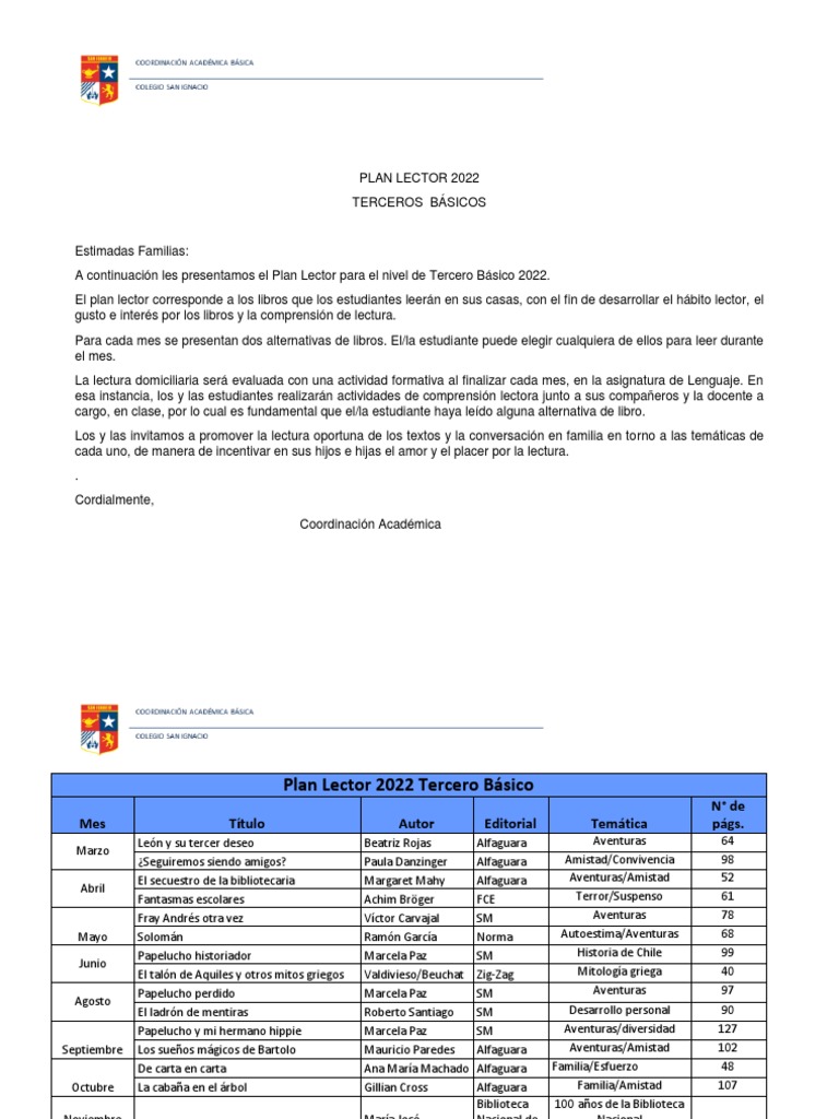 Plan Lector Tercero Básico 2022 PDF | PDF