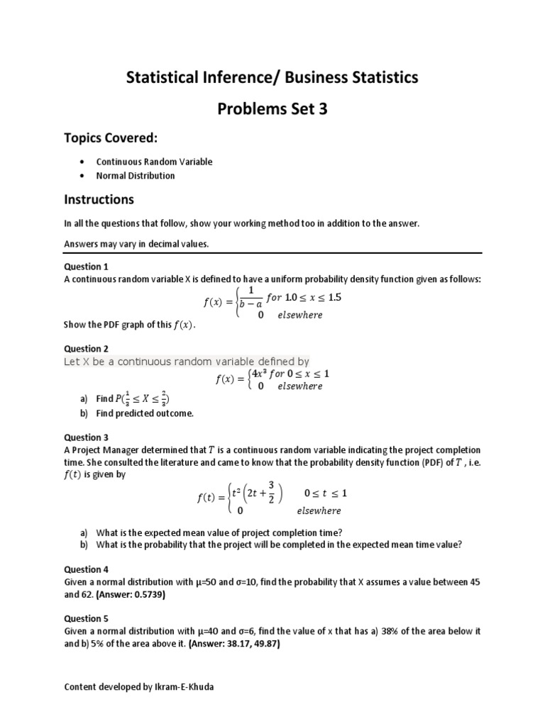 Business Statistics-Problems Set 3 PDF | PDF | Probability Distribution ...