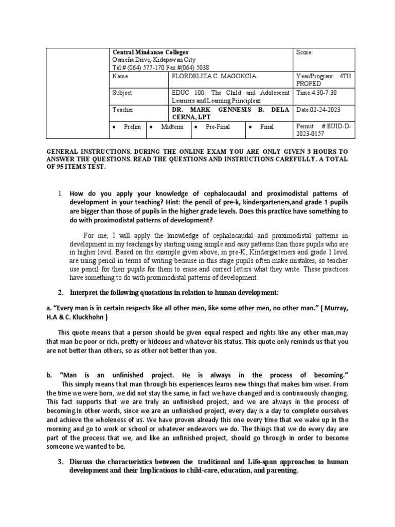 Prelim Exam Educ 100 | PDF | Id | Cognitive Development Prelim Exam Educ 100 | PDF | Id | Cognitive Development