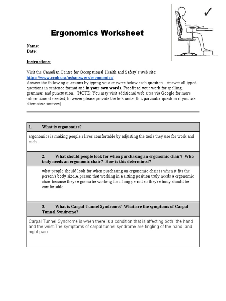 Ergonomics Worksheet Guide | PDF | Carpal Tunnel Syndrome | Human ...
