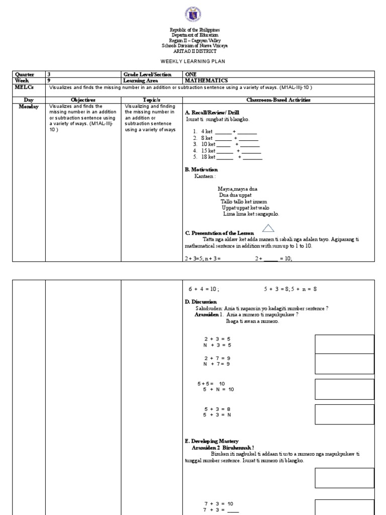 Q3 DLP Math 1 Week 9 | PDF | Subtraction | Mathematics