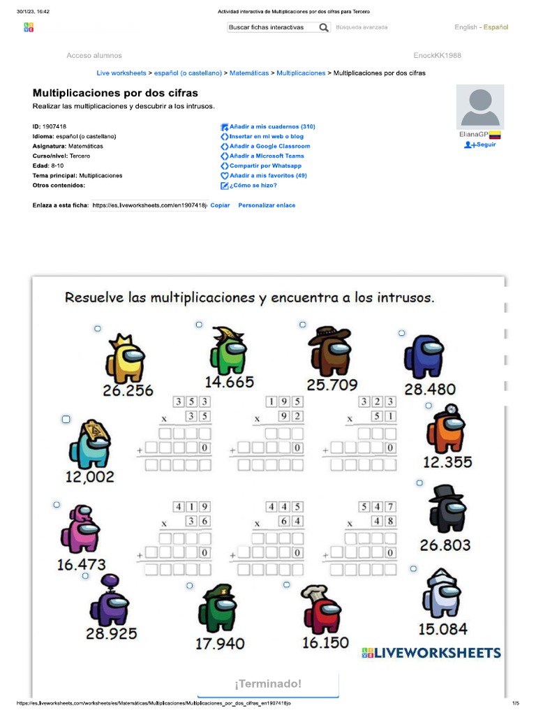 Actividad Interactiva de Multiplicaciones Por Dos Cifras para Tercero | PDF