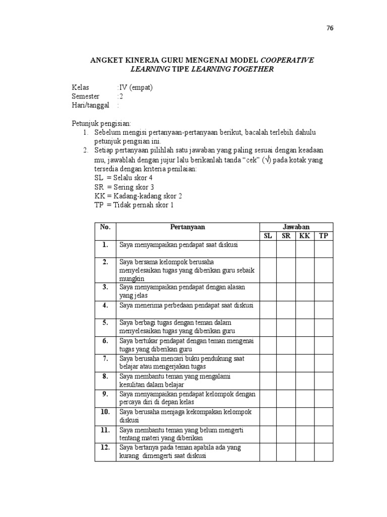 Lampiran 9 ANGKET MODEL COOPERATIVE LEARNING TIPE LEARNNG TOGETHER | PDF | Karier & Perkembangan