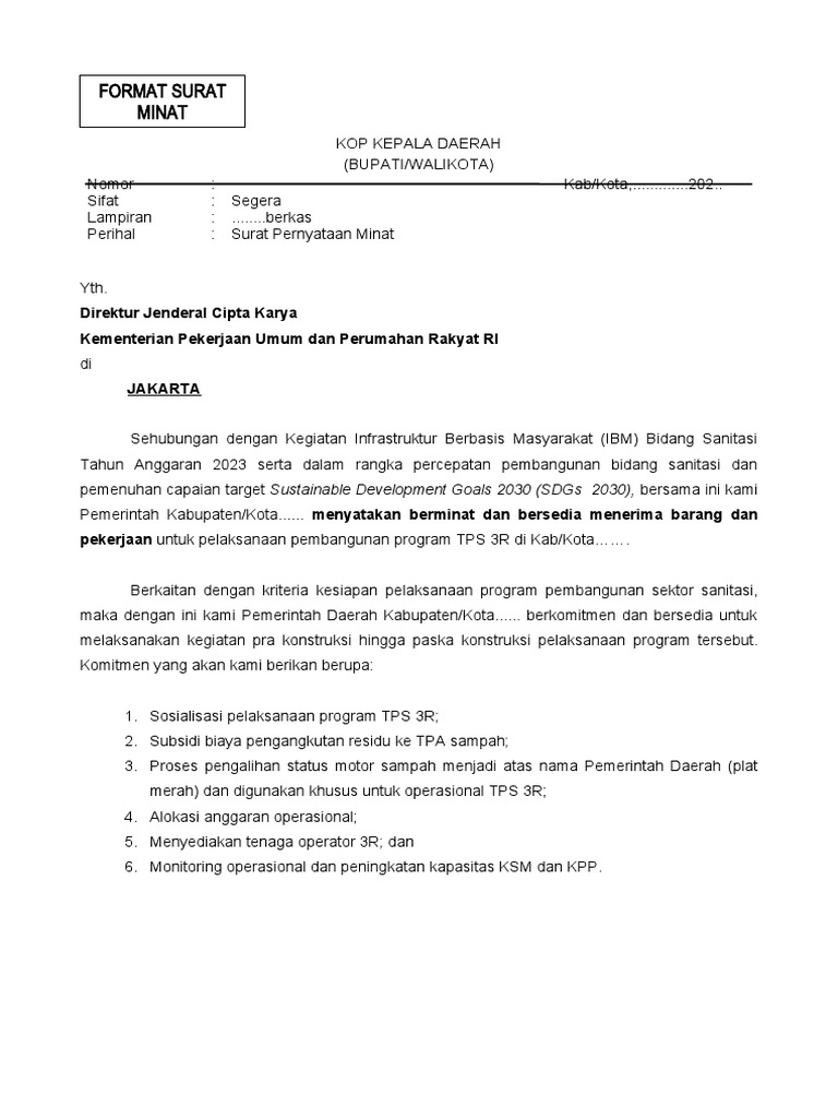 (Format) Surat Minat Bupati Wali Kota TPS 3R TA 2023 | PDF