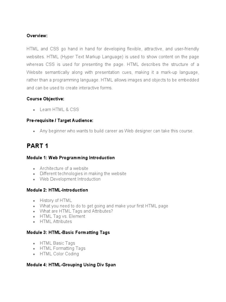 Html Css Wordpress Course Overview Pdf Html Element Word Press