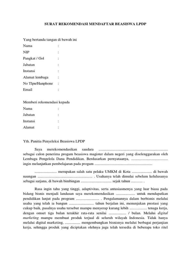 SURAT REKOMENDASI MENDAFTAR BEASISWA | PDF