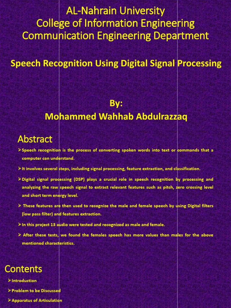 Speech Recognition Using DSP PDF | PDF | Larynx | Human Voice
