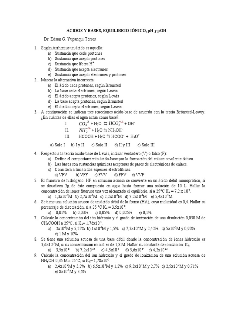 Problemas-ACIDOS Y BASES-pH y pOH-Equilibrio Ionico | PDF | Ácido ... Problemas-ACIDOS Y BASES-pH y pOH-Equilibrio Ionico | PDF | Ácido ...