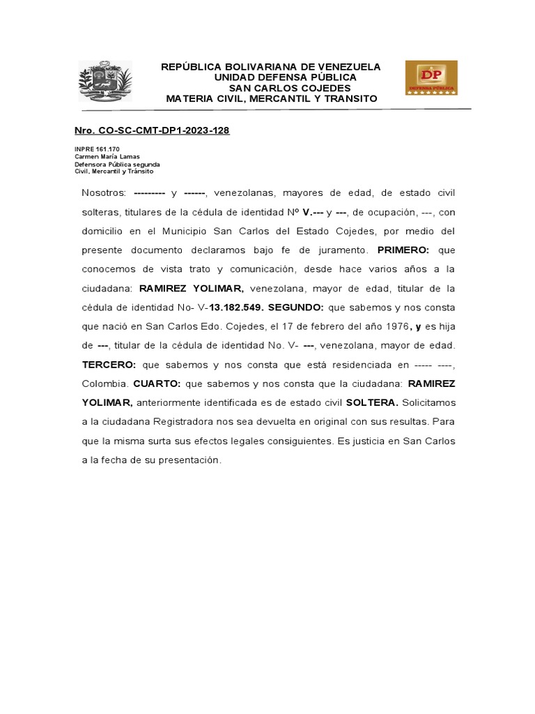 Carta de Solteria de Yolimar Ramirez | PDF