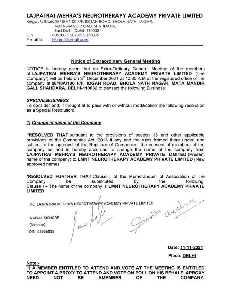 Notice of Extraordinary General Meeting | PDF