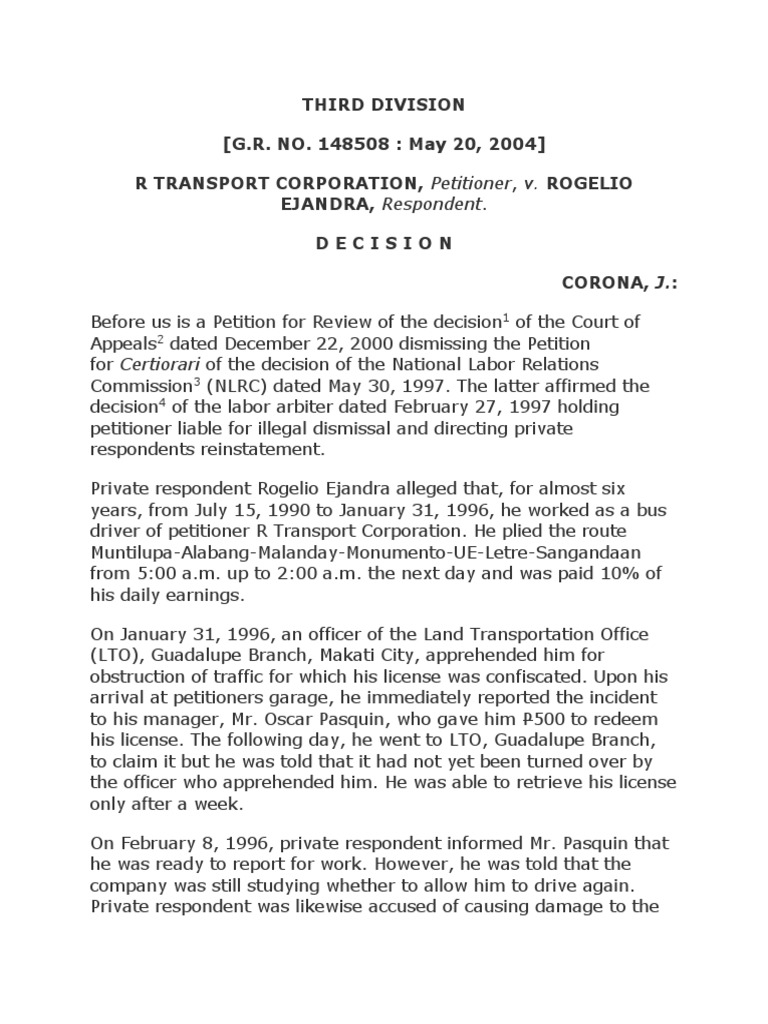 16 R Transport Vs Ejandra | PDF | Employment | Appellate Court