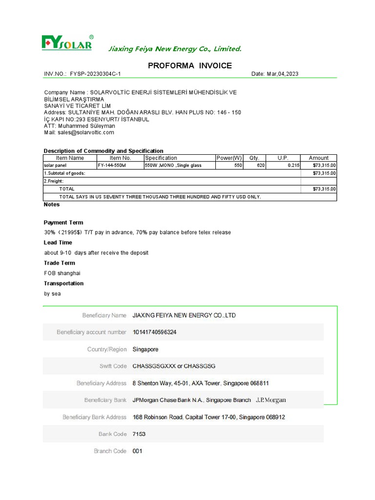 Proforma Invoice for Solar Panels | PDF | Business | Finance & Money ...