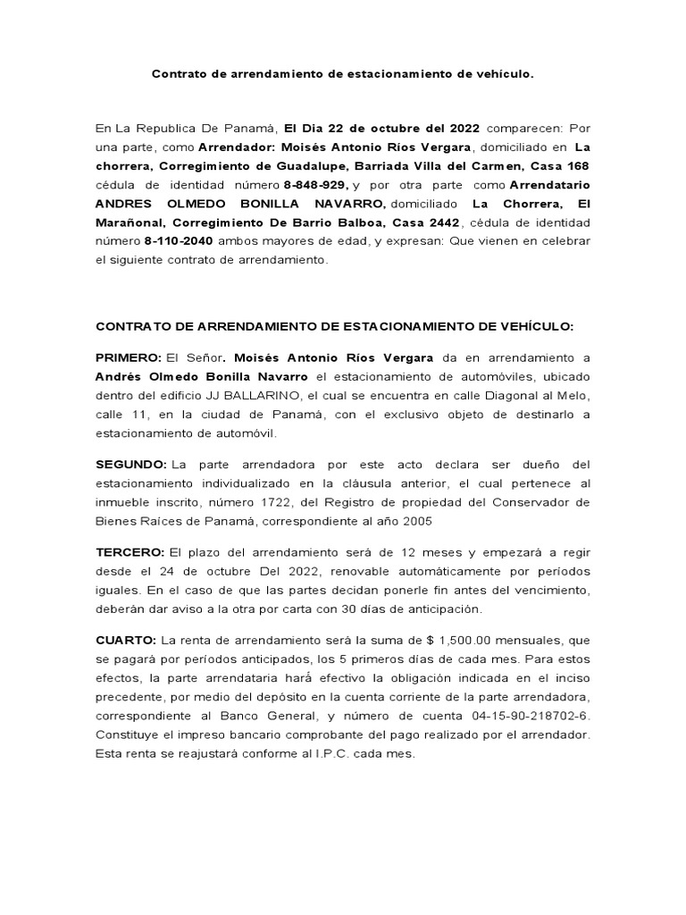 Contrato de arrendamiento de estacionamiento de vehículo | PDF Contrato de arrendamiento de estacionamiento de vehículo | PDF