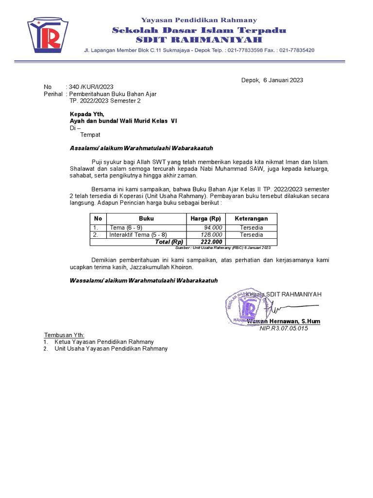 340 - Pemberitahuan Buku Bahan Ajar TP. 2022-2023 SMT 2 - Kls 6 PDF | PDF