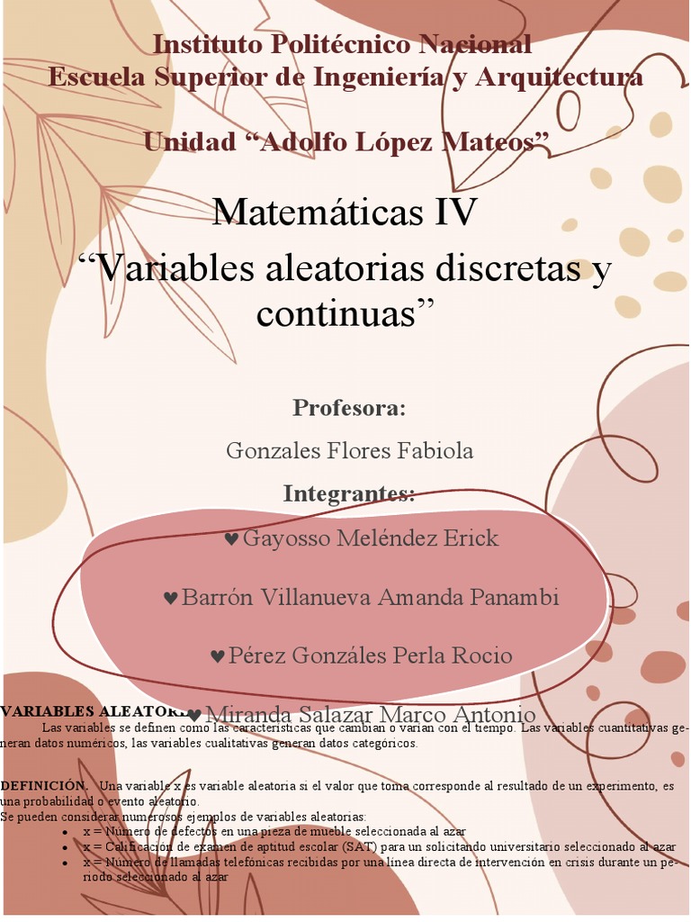 Mate IV Variables Aleatorias Discretas y Continuas | PDF | Variable aleatoria | Diferencia