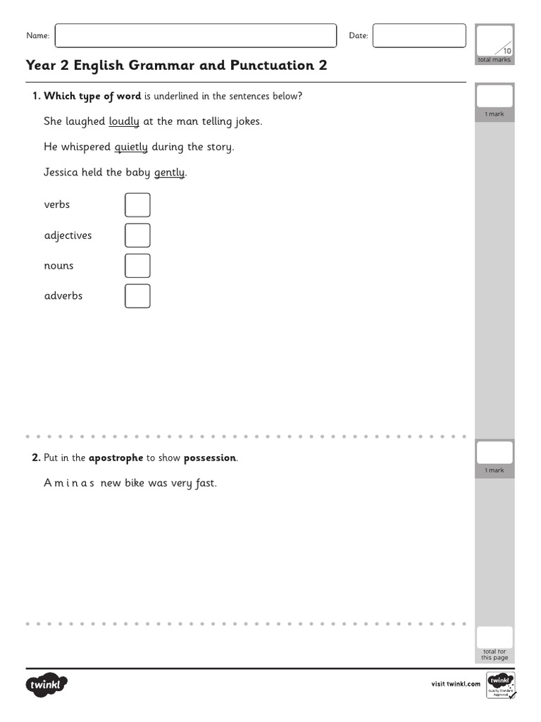 Year 2 Grammar and Punctuation Test 2 | PDF | English Grammar | Adverb