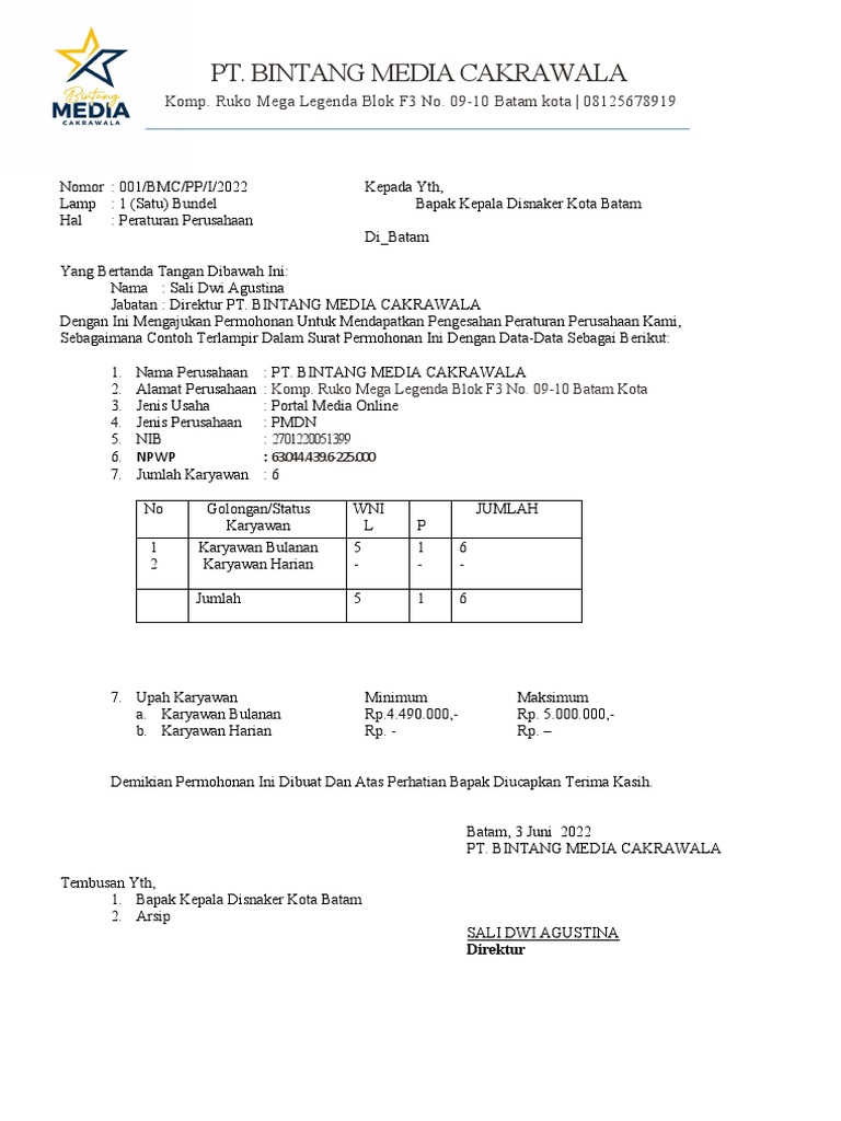 contoh PENGAJUAN SK DISNAKER | PDF