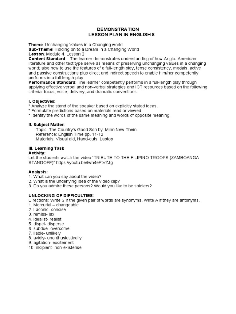 Demonstration Lesson Plan Englsh 8 | PDF | Cognitive Science | Cognition