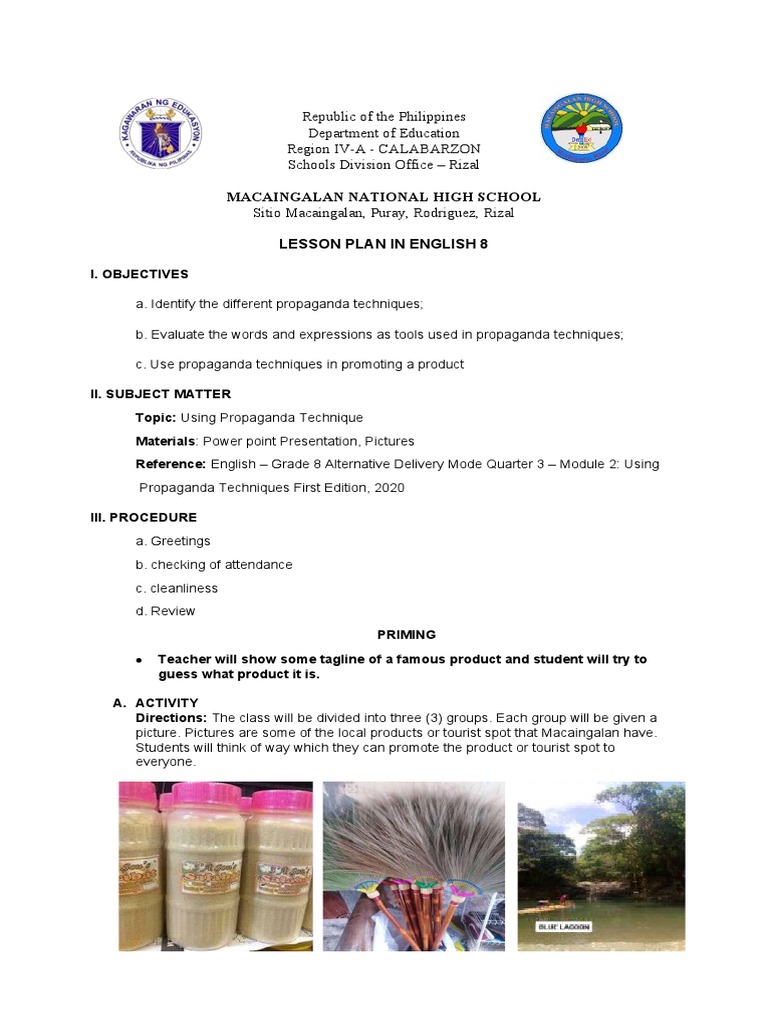 English 8 Lesson Plan: Propaganda Techniques | PDF | Lesson Plan ...