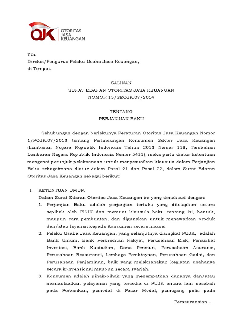 SE OJK 13.Perjanjian Baku.pdf | PDF