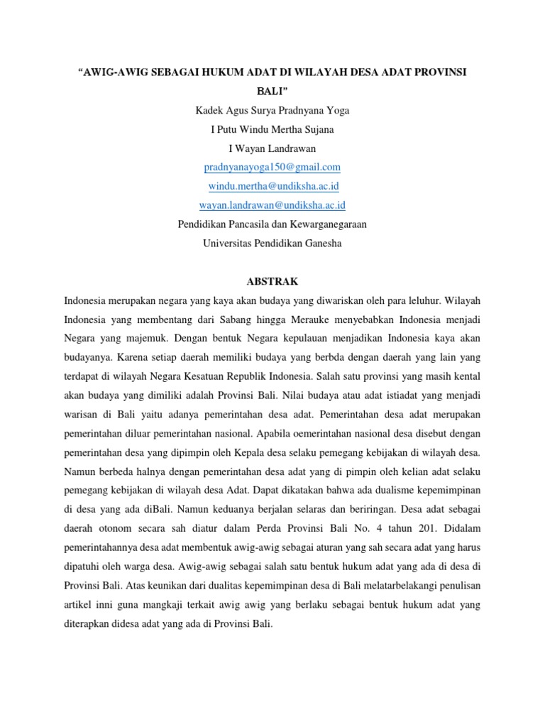 Awig-Awig Sebagai Hukum Adat Di Desa Adat Provinsi Bali | PDF