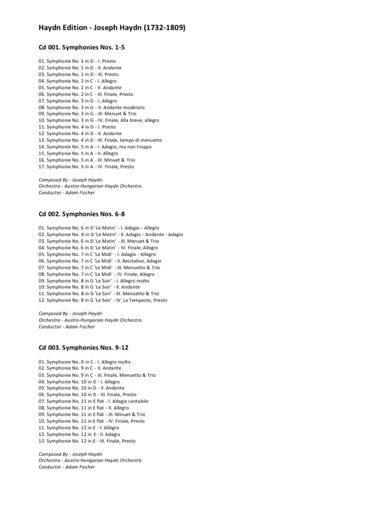 Joseph Haydn - Complete Works List | PDF | Concerto | Compositions For ...