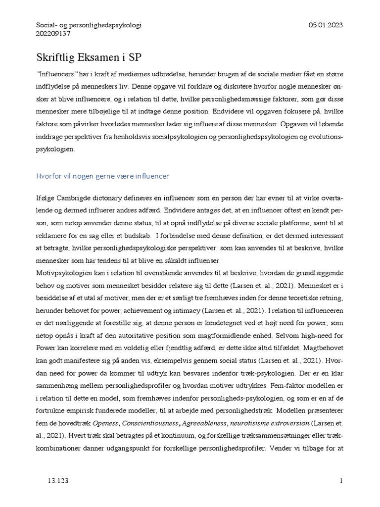 Eksamen I Social - Og Personlighedspsykologi E22 | PDF