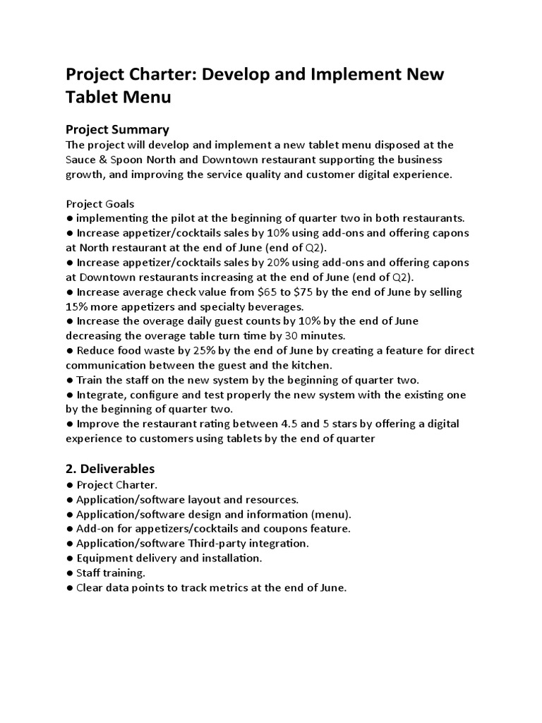 New Tablet Menu Project Charter | PDF | Menu | Restaurants