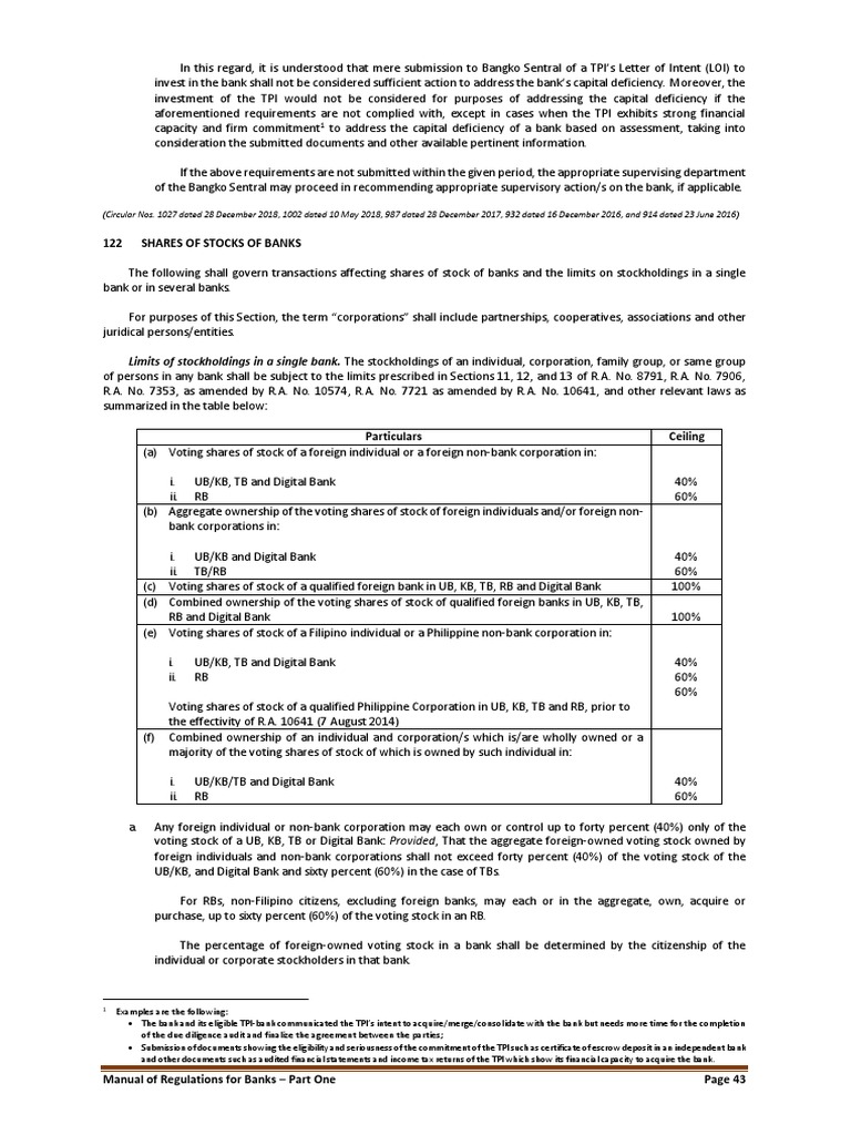 BSP MORB - Sec. 122 (Limits of Stockholdings in A Single Bank) (With ...