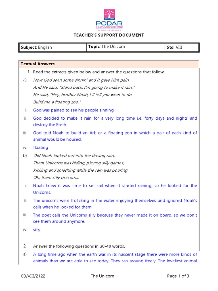 TSD - CB - VIII - Eng - The Unicorn PDF | PDF | Noah's Ark | Noah