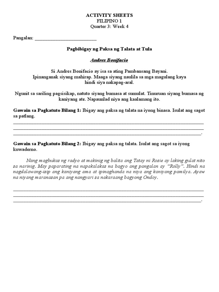 FILIPINO 1 Activity Sheet Q3 W4 | PDF