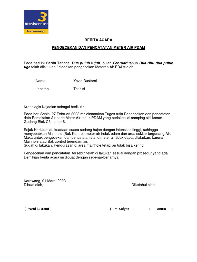 BERITA ACARA Meter Air Induk Pdam | PDF