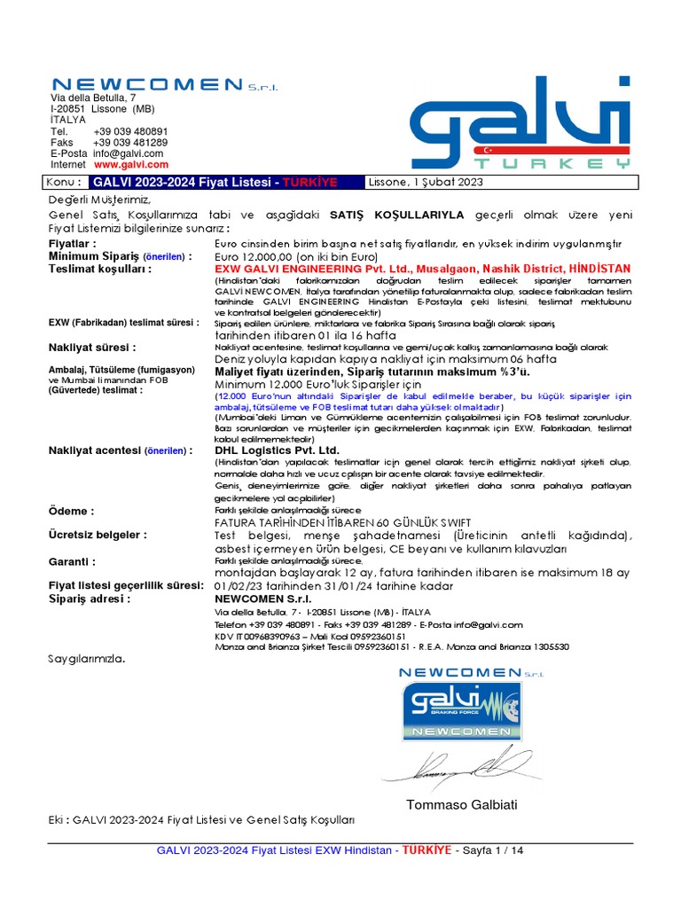 GALVI 2023-2024 Price List EXW India - TURKEY | PDF