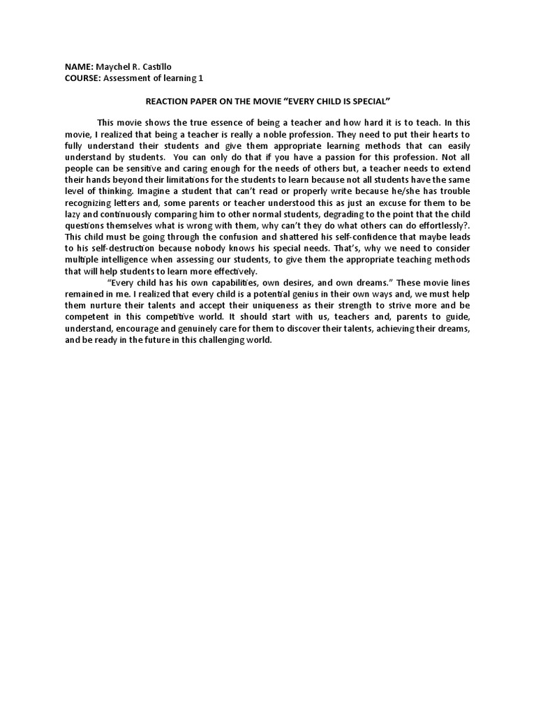 Reaction Paper at Every Child Is Special | PDF