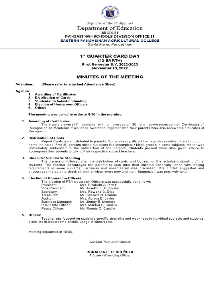 1st Quarter Card Day Meeting Minutes | PDF