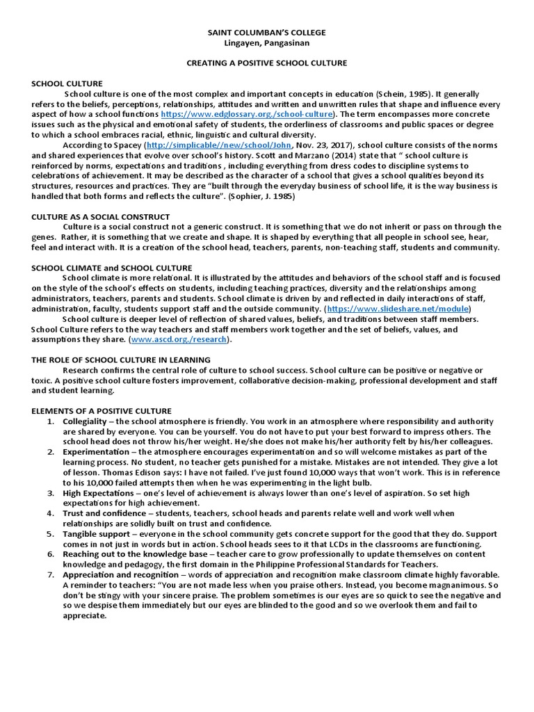 CREATING A POSITIVE SCHOOL CULTURE Prof Ed 4 | PDF | Teachers | Rituals