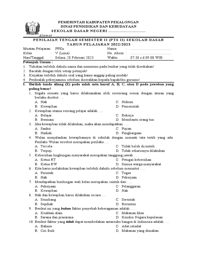 Soal PTS PPKN Kelas 5 2023 | PDF