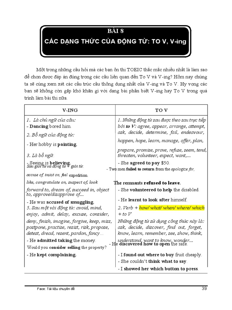 Bài 8-To V and Ving | PDF