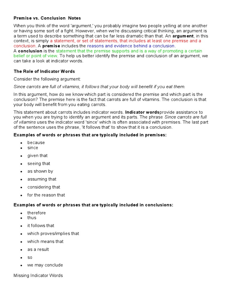 A. Premise Vs Conclusion Notes | PDF | Argument | Logical Consequence