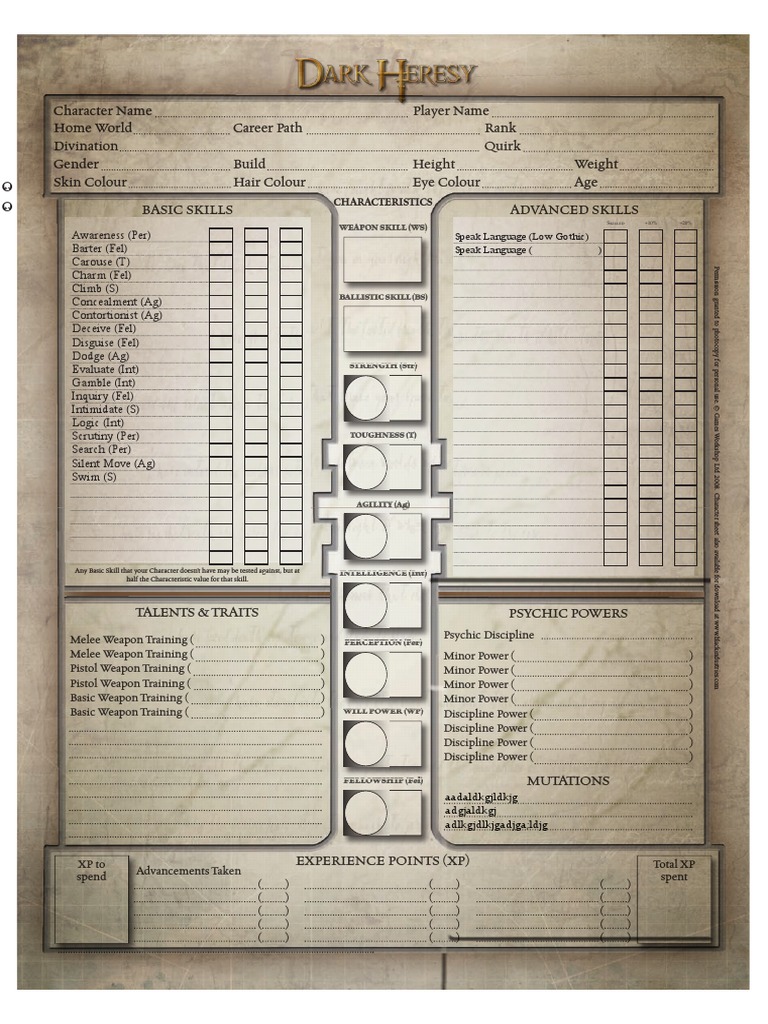 Dark Heresy 1E Character Sheet Writable Colour | PDF | Gaming | Role ...