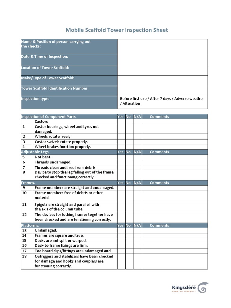 Mobile Scaffold Tower Inspection Sheet Pdf Pdf Scaffolding