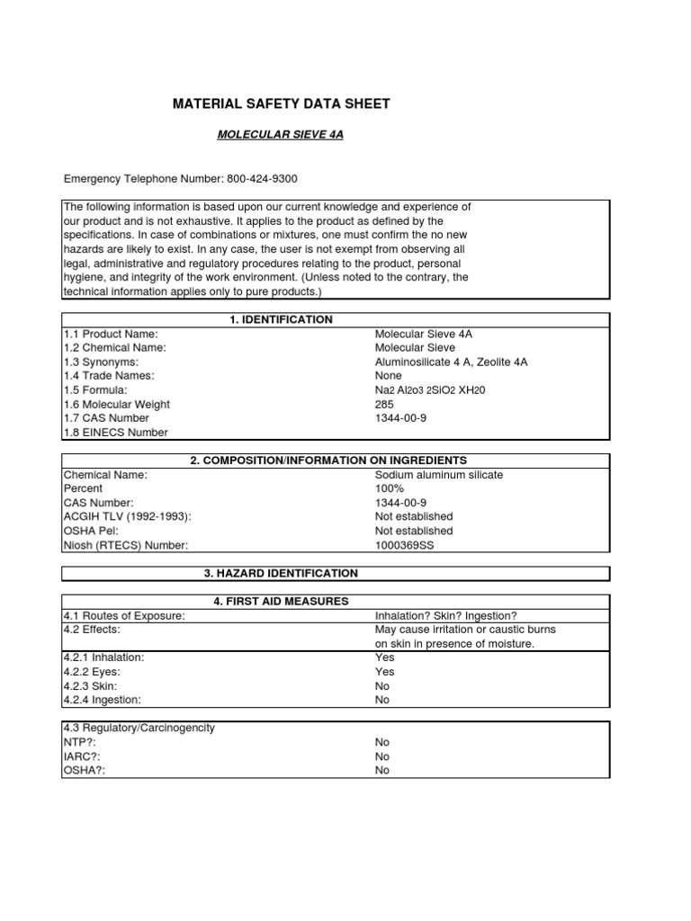 MSDS - Molecular Sieve 4A | PDF | Personal Protective Equipment | Water