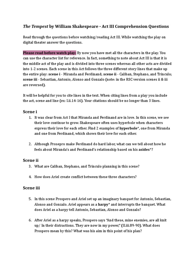 Act III Comprehension Questions for The Tempest | PDF | The Tempest ...