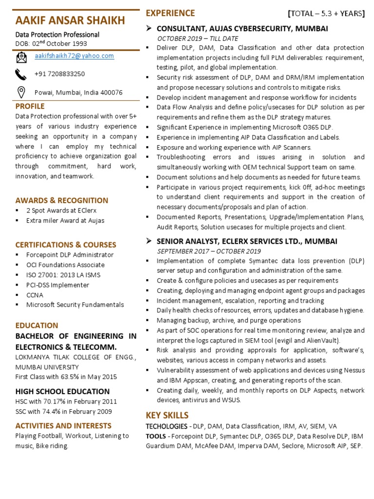 AakifAnsarShaikh - Database Monitoring Analyst - Pune - Mphasis | PDF | Computing | Cyberwarfare