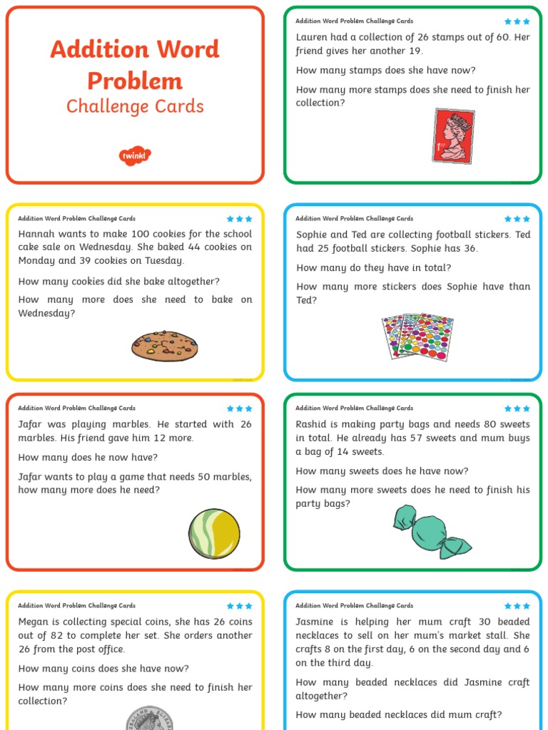 Addition Word Problem Challenge Cards Higher Ability PDF | PDF | Baked ...
